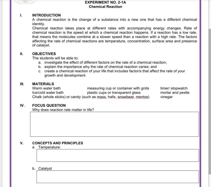 Solved 1 EXPERIMENT NO. 2-1A Chemical Reaction INTRODUCTION | Chegg.com