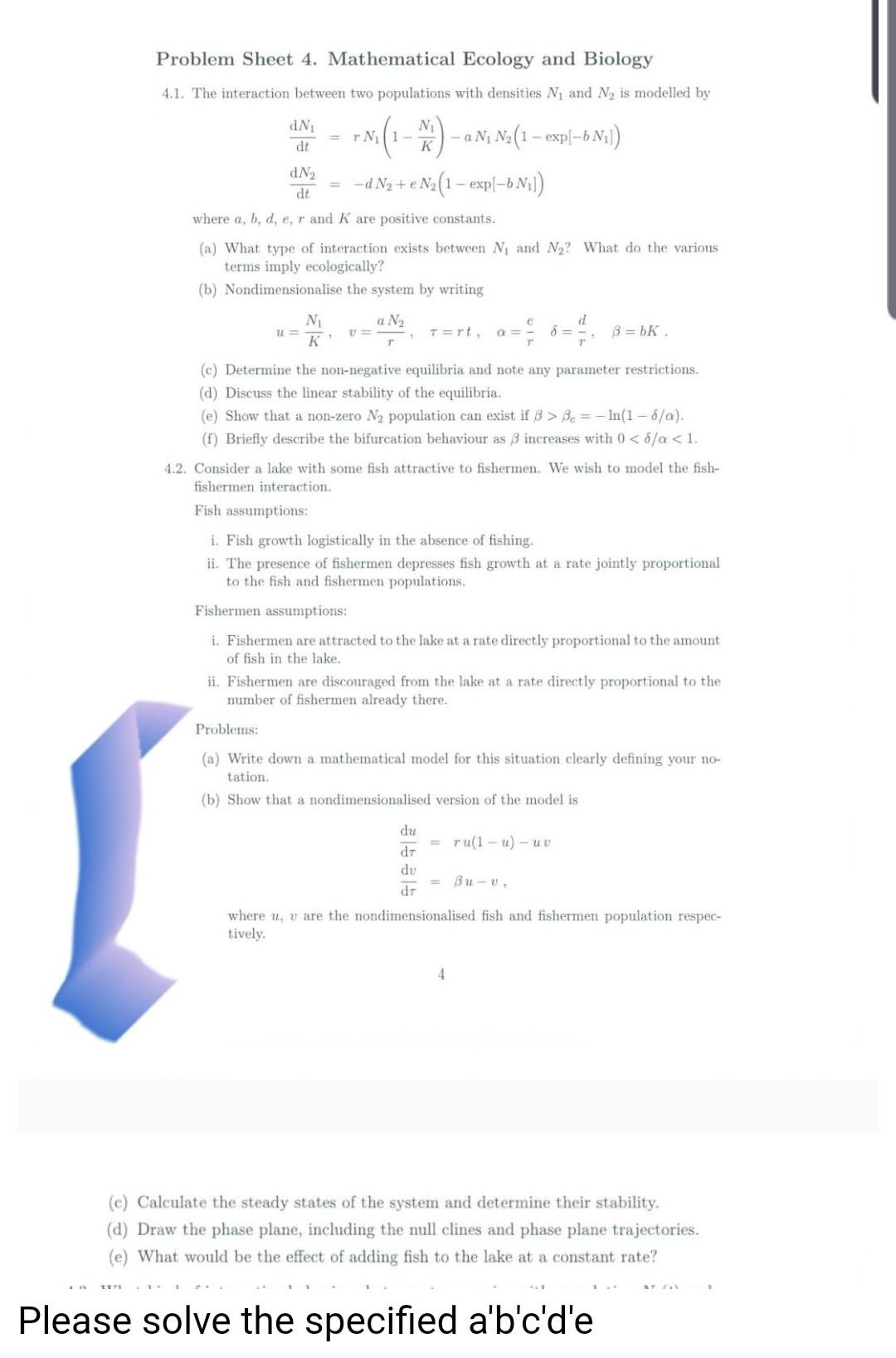 Solved ***(-) -an, Problem Sheet 4. Mathematical Ecology and | Chegg.com