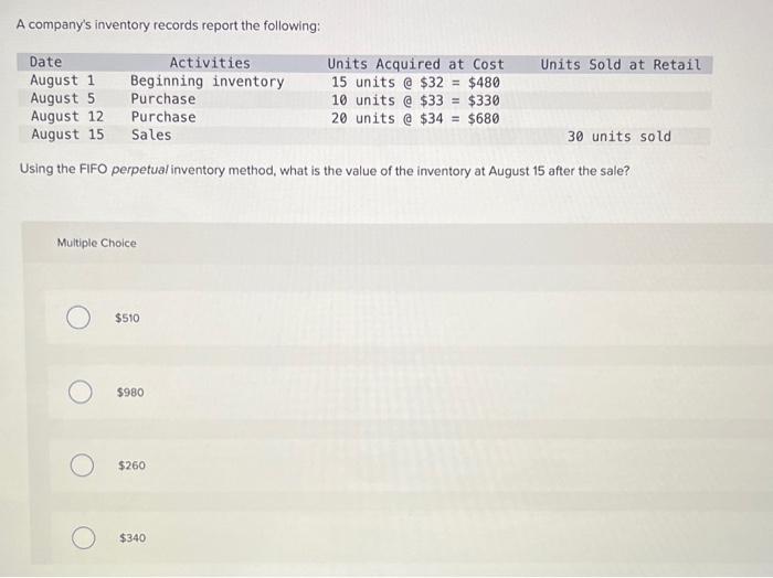 Solved Units Sold at Retail A company's inventory records | Chegg.com