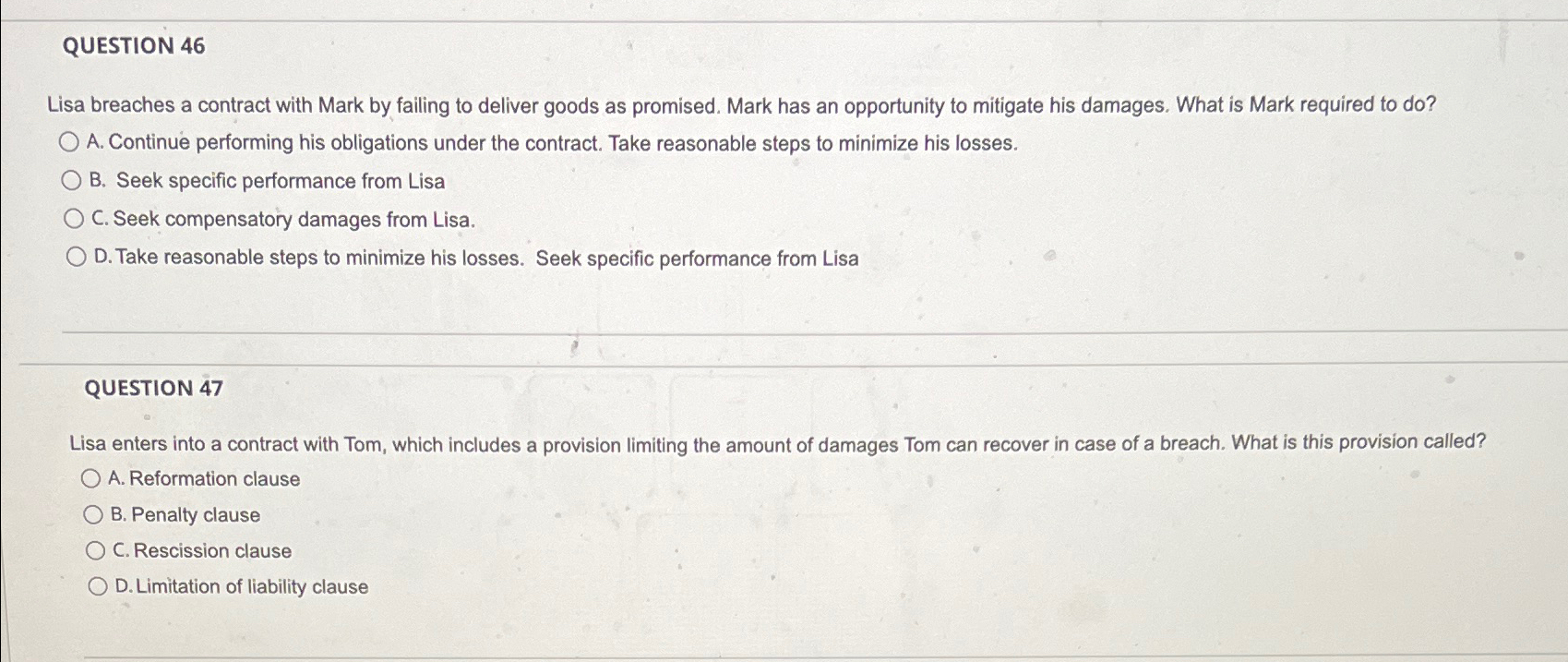Solved QUESTION 46Lisa breaches a contract with Mark by | Chegg.com
