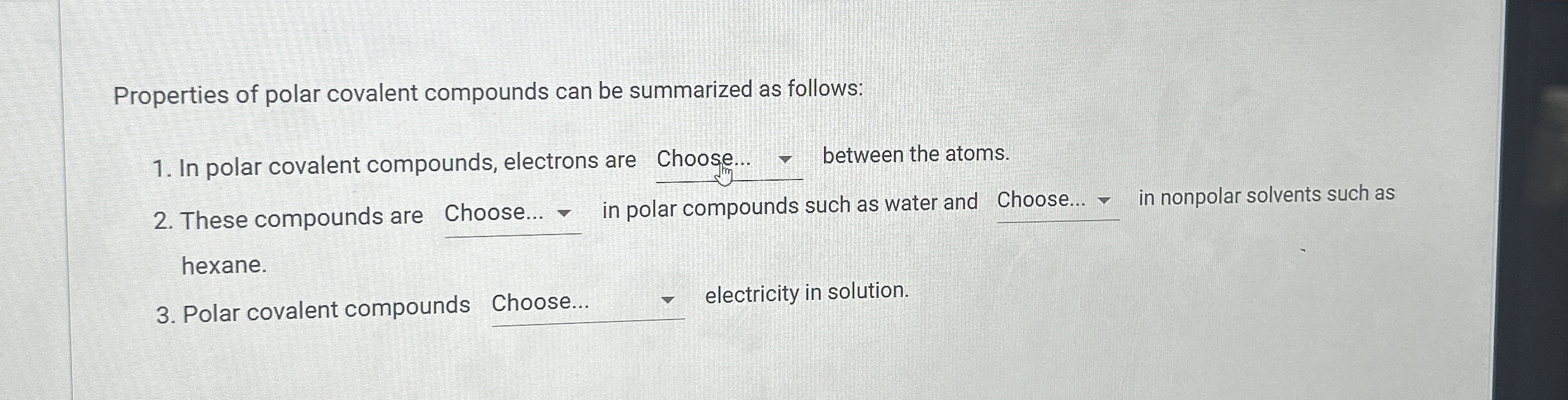 Solved Properties of polar covalent compounds can be | Chegg.com