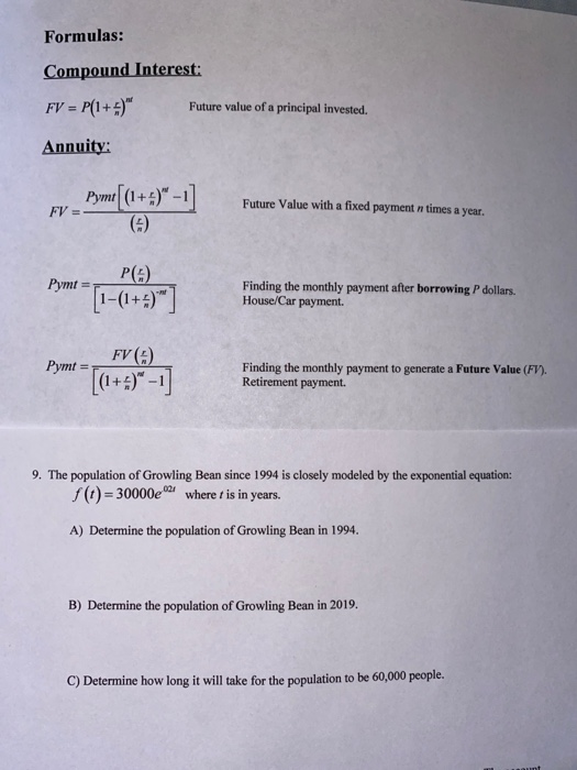 Solved Formulas: Compound Interest: FV = P(1+5)" Future | Chegg.com