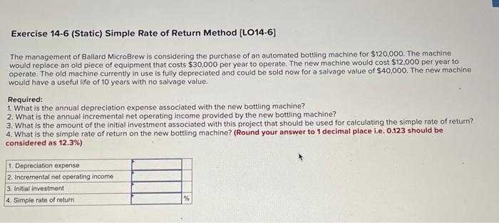 Solved Exercise 14-6 (Static) Simple Rate of Return Method | Chegg.com
