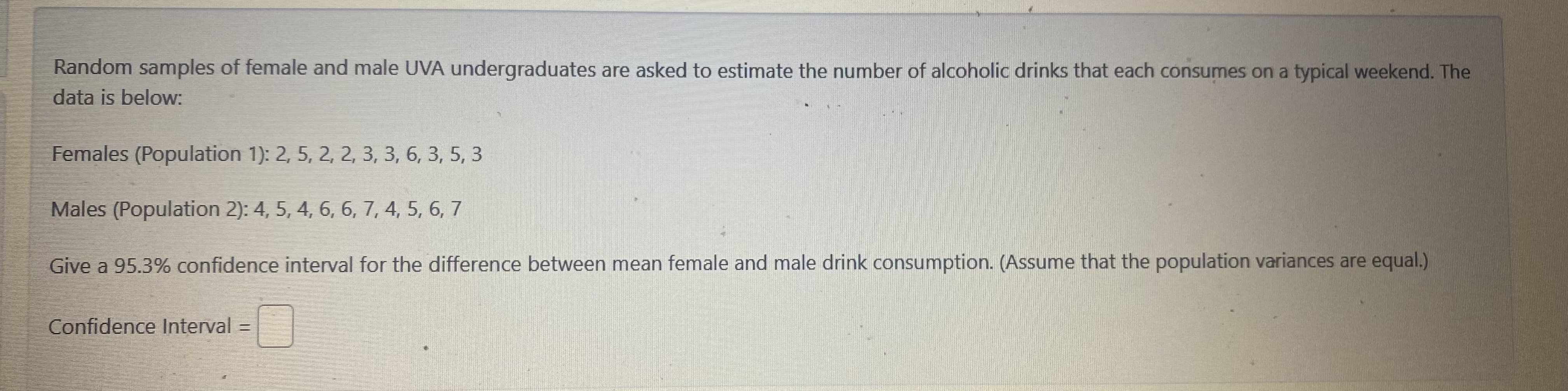 Solved Random samples of female and male UVA undergraduates | Chegg.com