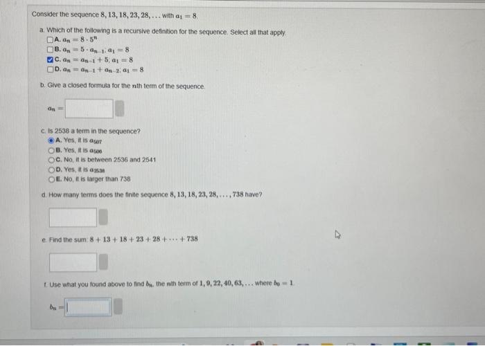 Solved Consider the sequence 8,13,18,23,28,… with a1=8 a. | Chegg.com