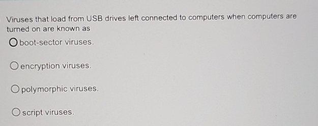 Solved Viruses that load from USB drives left connected to | Chegg.com