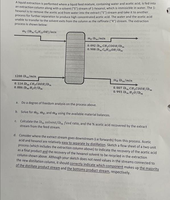 Solved A liquid extraction is performed where a liquid feed | Chegg.com