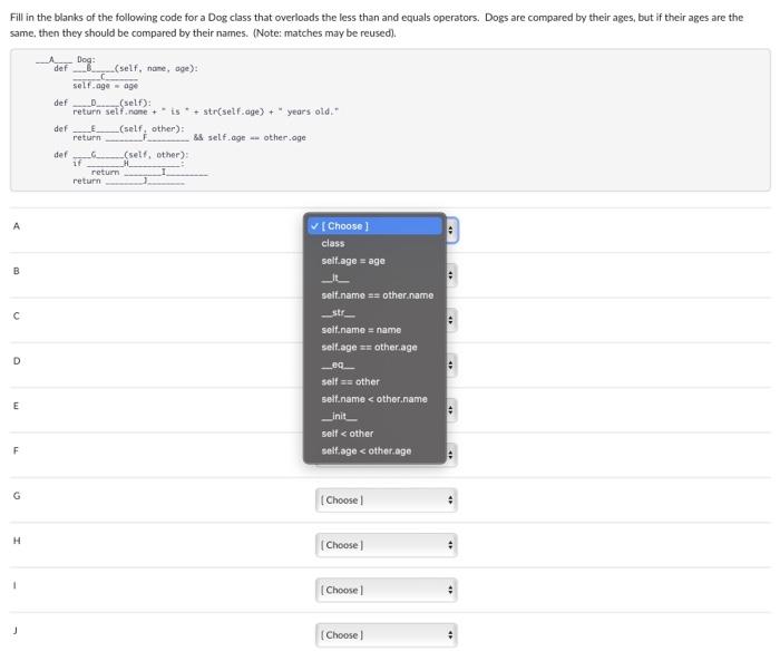 Solved Fill in the blanks of the following code for a Dog | Chegg.com