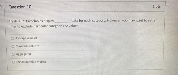 Solved Question 10 1 pts By default, PivotTables display | Chegg.com