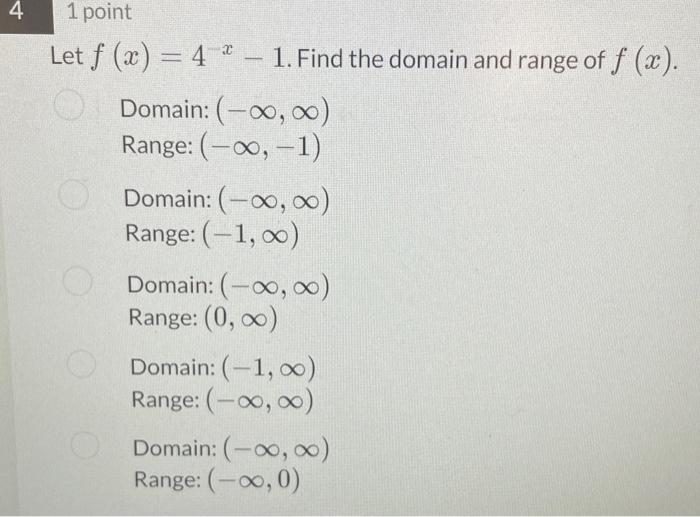 Solved Let f(x)=4−x−1. Find the domain and range of f(x) | Chegg.com