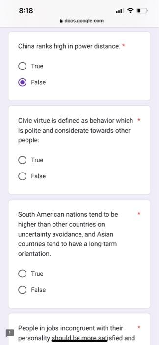 Solved China ranks high in power distance. * True False | Chegg.com