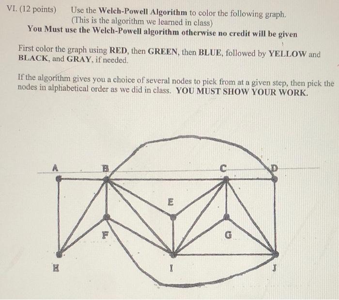Solved VI. (12 points) Use the Welch-Powell Algorithm to | Chegg.com