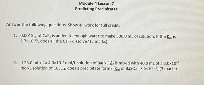 Solved Predicting Precipitates Answer the following | Chegg.com