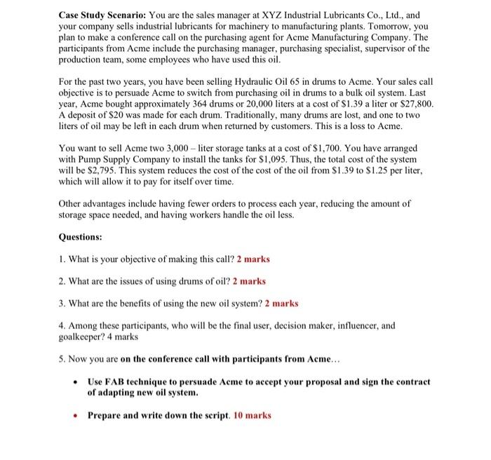 Solved Case Study Scenario: You are the sales manager at XYZ | Chegg.com