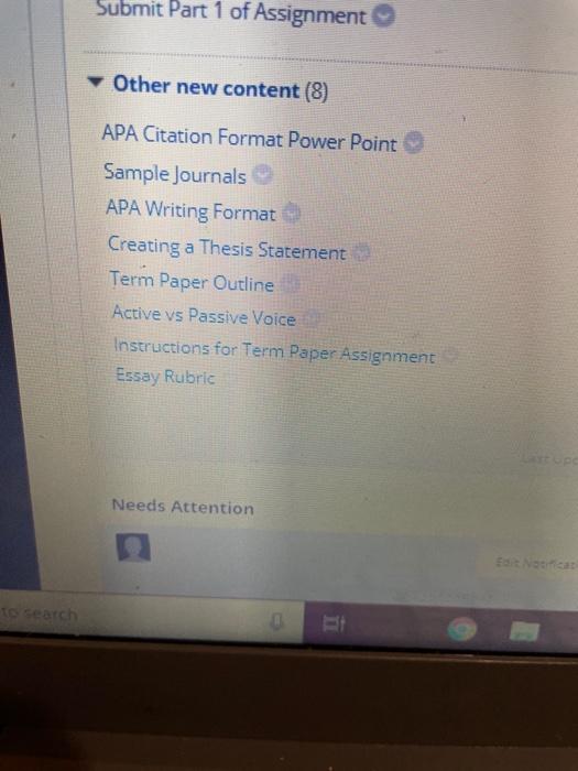 Solved Submit Part 1 of Assignment Other new content (8) APA | Chegg.com