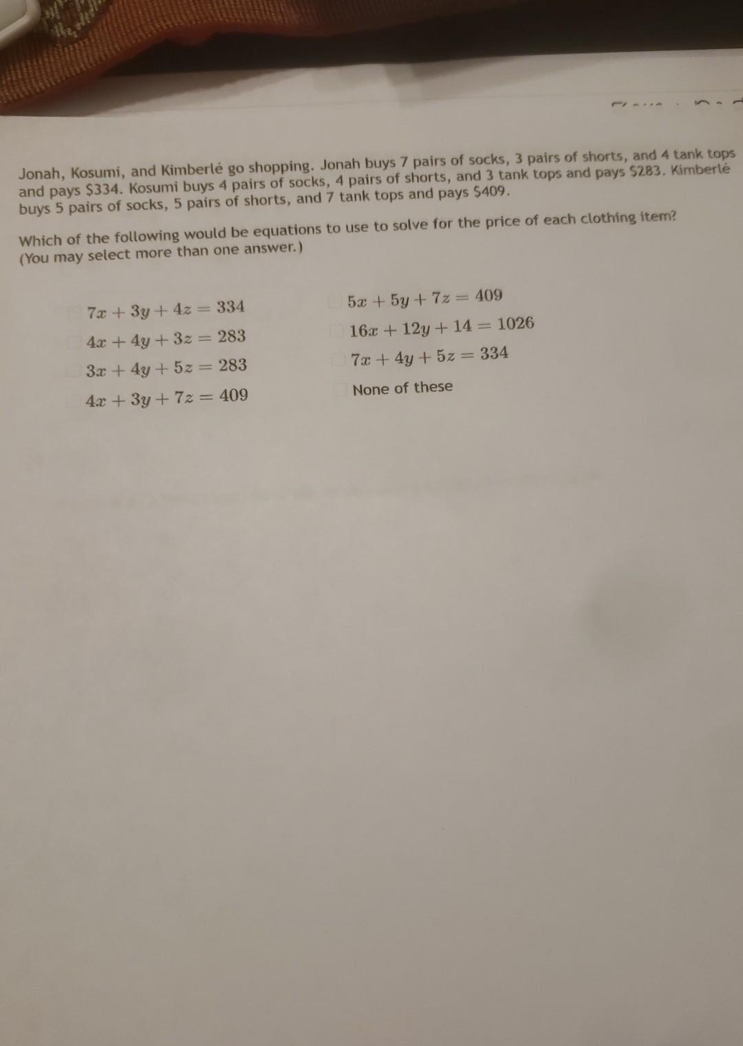 Solved shopping. Jonah buys 7 pairs of socks, 3 pairs of she | Chegg.com