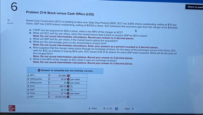 Solved Problem 21-6 Stock versus Cash Offers (LO2) Sweet | Chegg.com
