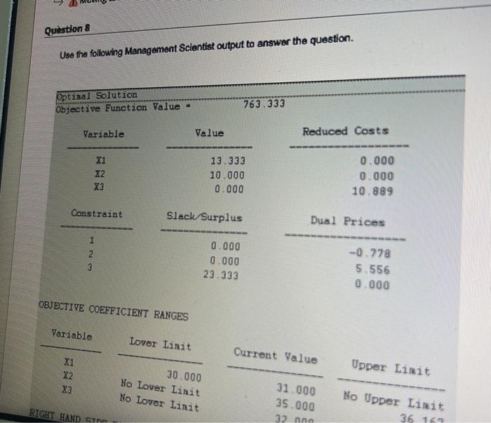 Use the following Management Scientist output to | Chegg.com