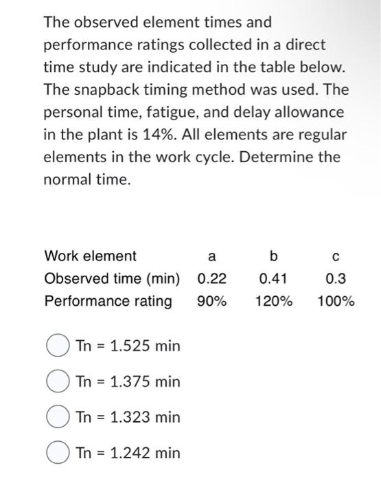 Solved The observed element times and performance ratings | Chegg.com