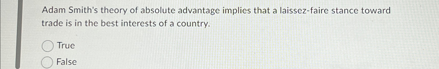 Solved Adam Smith's theory of absolute advantage implies | Chegg.com