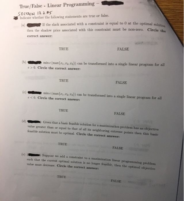 Solved True False - Linear Programming - SECUON 13.2 #5 | Chegg.com