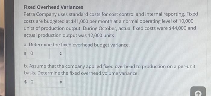 Solved Fixed Overhead Variances Petra Company uses standard | Chegg.com