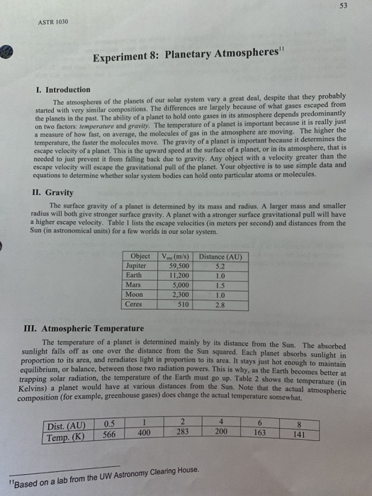 ASTR 1030 For the following questions, use the | Chegg.com