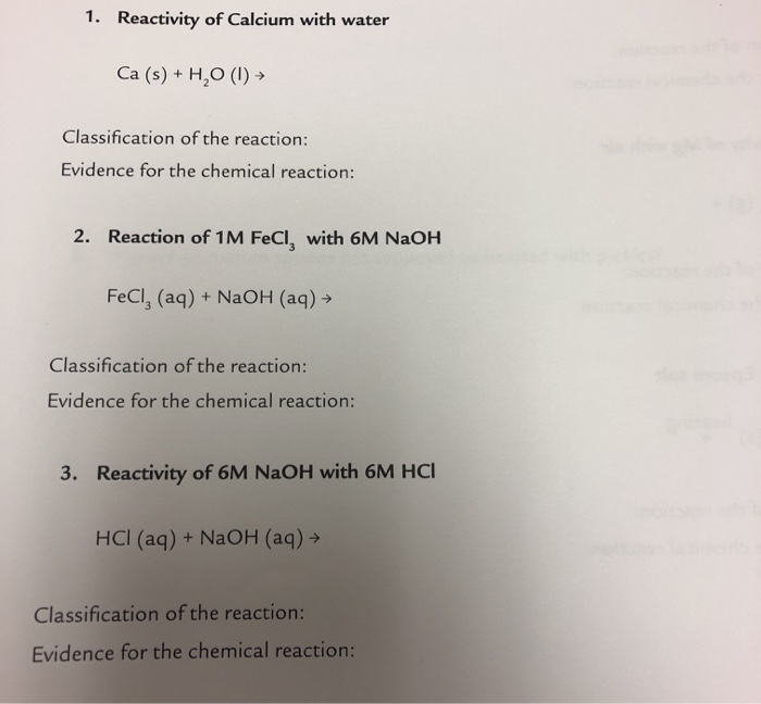 Solved 1. Reactivity of Calcium with water Ca (s) + H20 (1) | Chegg.com