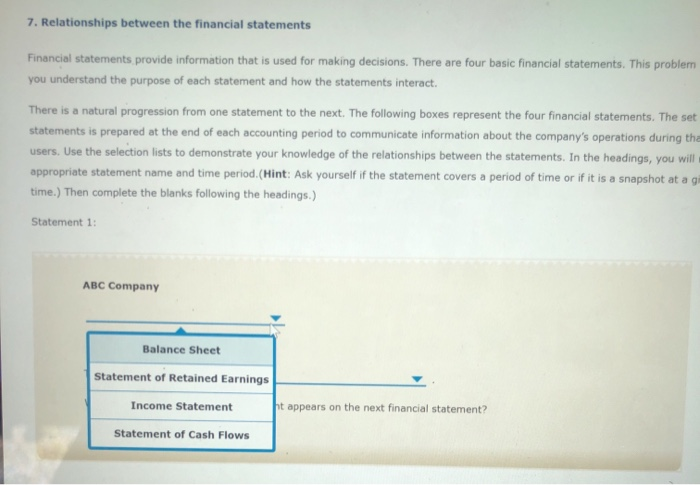 Solved 7. Relationships between the financial statements | Chegg.com
