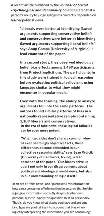 Solved A recent article published by the Journal of Social | Chegg.com