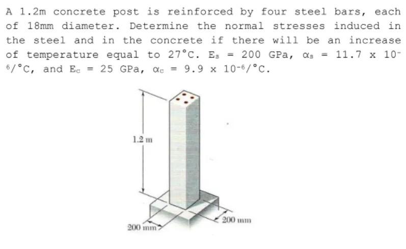 Solved A 1.2m concrete post is reinforced by four steel | Chegg.com