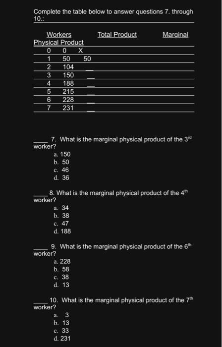 Solved Complete the table below to answer questions 7 . | Chegg.com