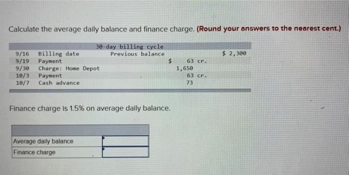 Solved Calculate the average daily balance and finance | Chegg.com