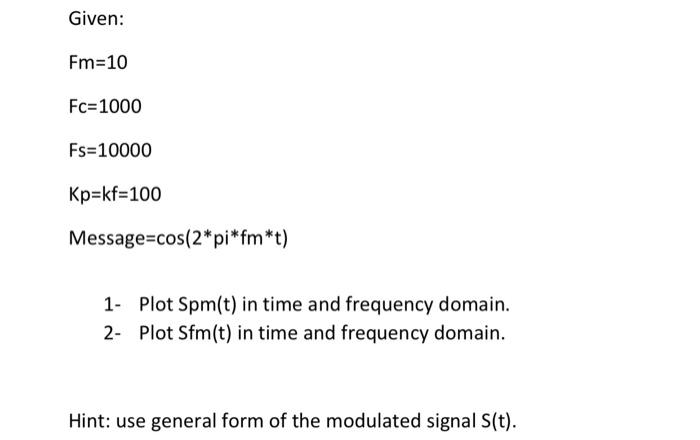Solved Given: Fm=10 Fc=1000 Fs=10000 Kp=kf=100 | Chegg.com