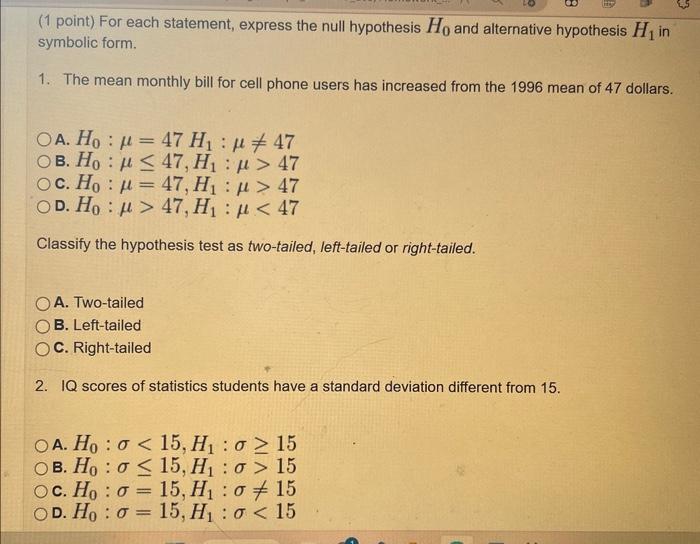 Solved (1 point) For each statement, express the null | Chegg.com
