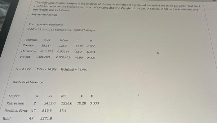 Solved The following Minitab output is the analysis of the | Chegg.com