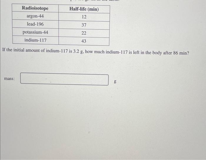 Solved If the initial amount of indium- 117 is 3.2 g, how | Chegg.com
