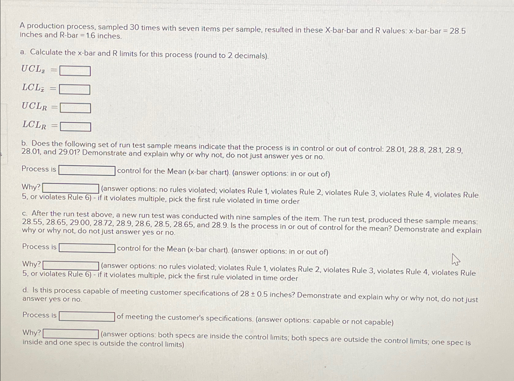 Solved A production process, sampled 30 ﻿times with seven | Chegg.com