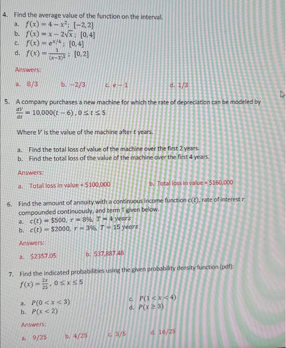 Solved Find the average value of the function on the | Chegg.com