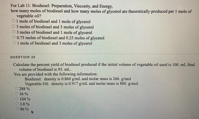 Solved For Lab 11: Biodiesel: Preparation, Viscosity, and | Chegg.com