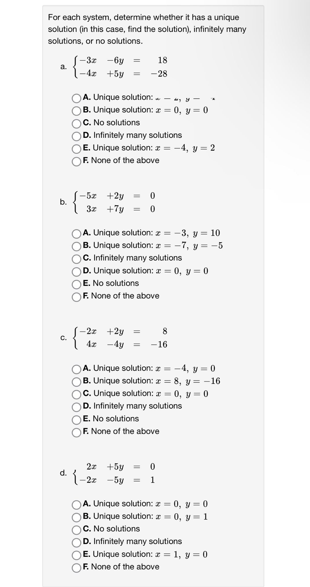 Solved For each system, determine whether it has a unique | Chegg.com