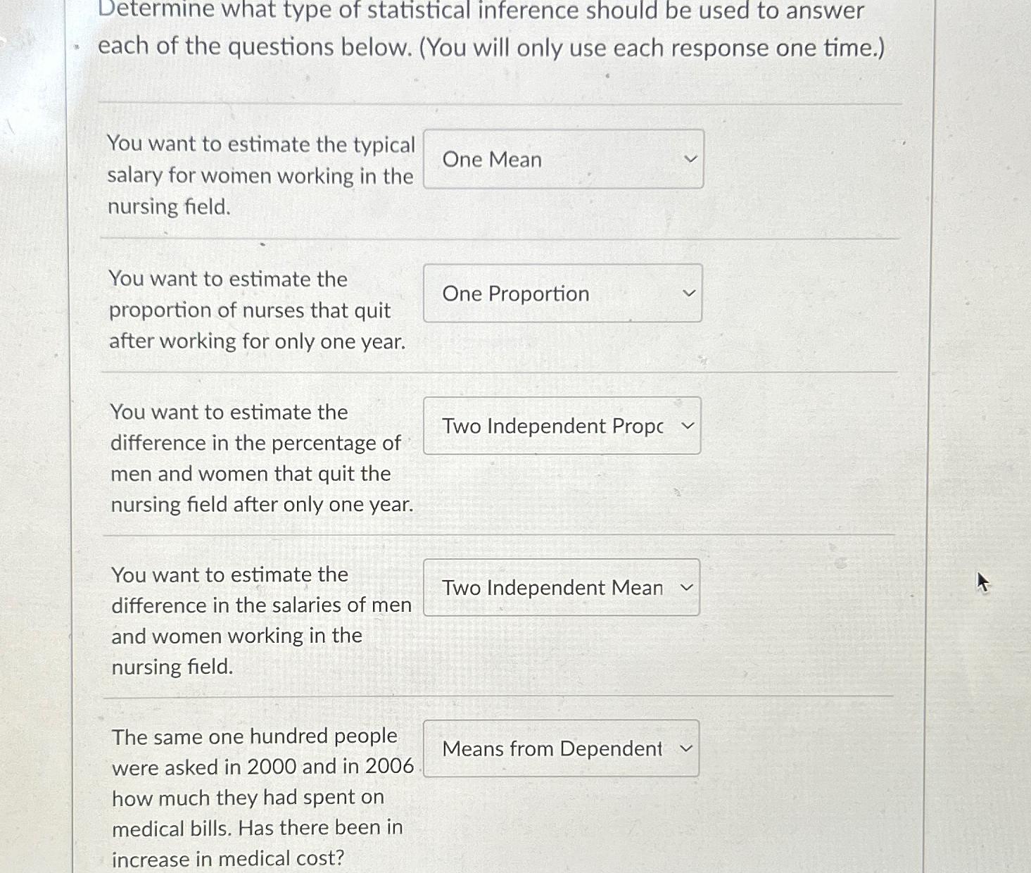 Solved Determine what type of statistical inference should | Chegg.com