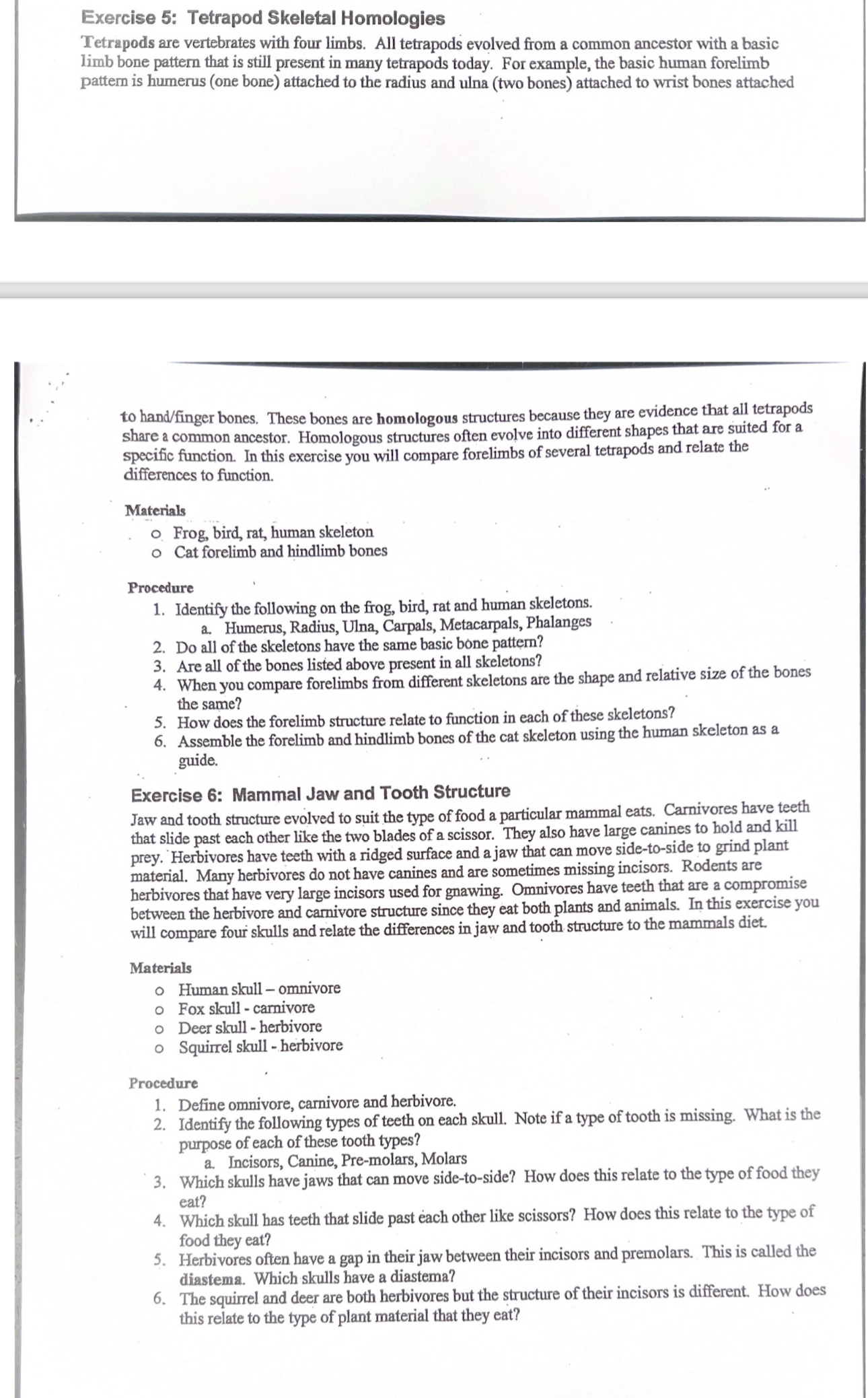 Solved Exercise 5: Tetrapod Skeletal HomologiesTetrapods are | Chegg.com