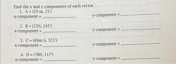 Solved Find the x and y components of each vector. 1. A=(20 | Chegg.com