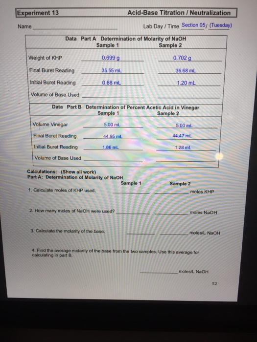 Solved Experiment 13 Acid-Base Titration / Neutralization | Chegg.com