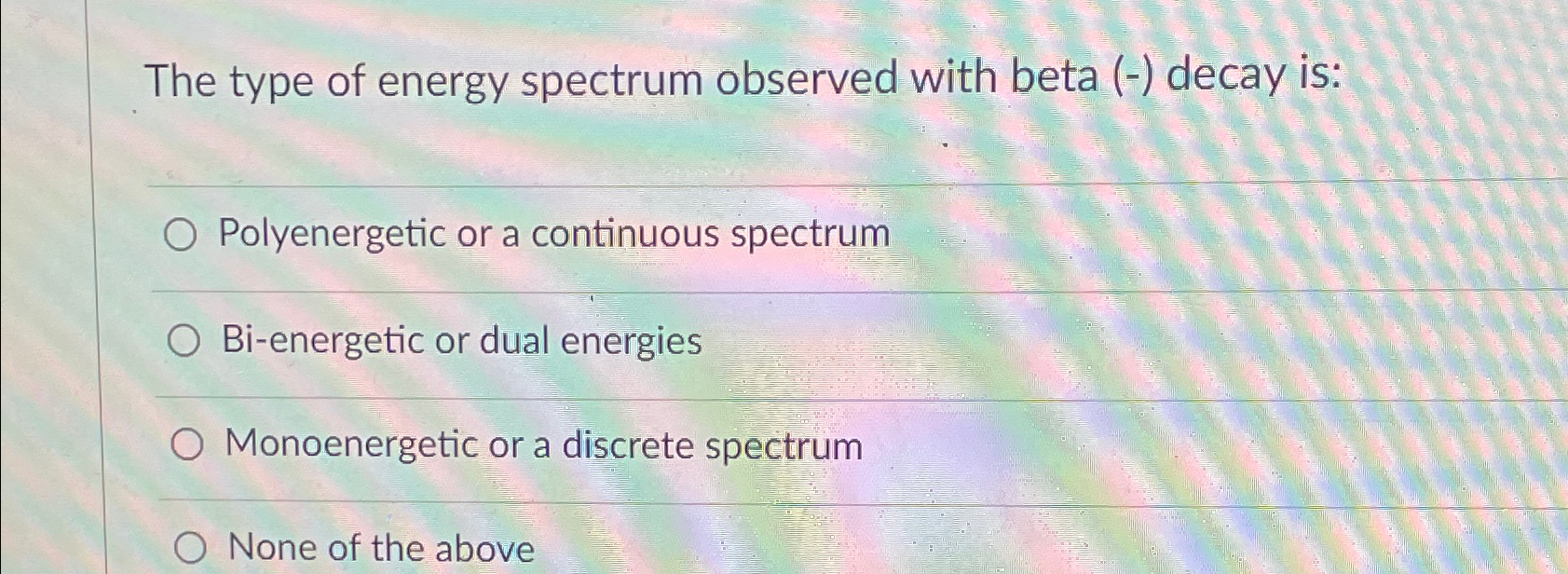 Solved The type of energy spectrum observed with beta (-) | Chegg.com
