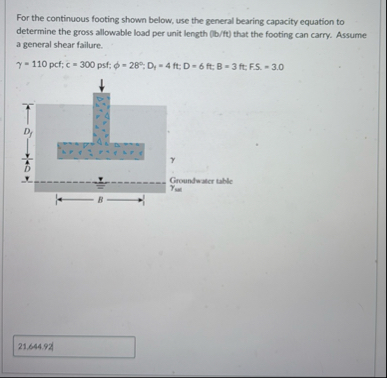 Solved For the continuous footing shown below, use the | Chegg.com