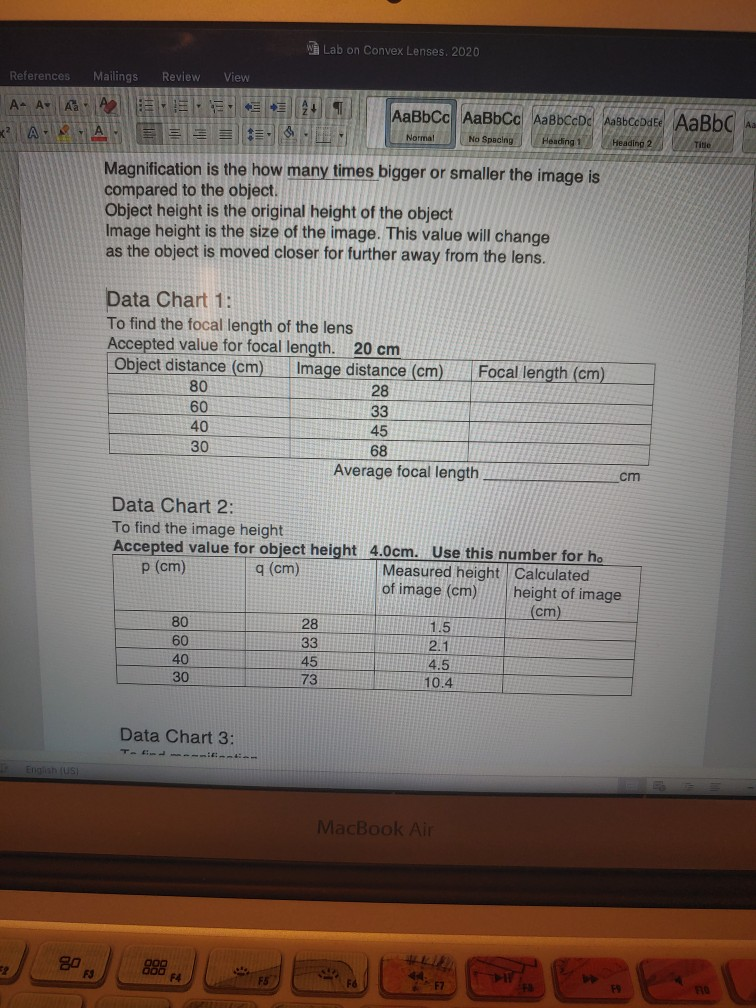 Solved data chart 1 and 2... determining focal length of a | Chegg.com