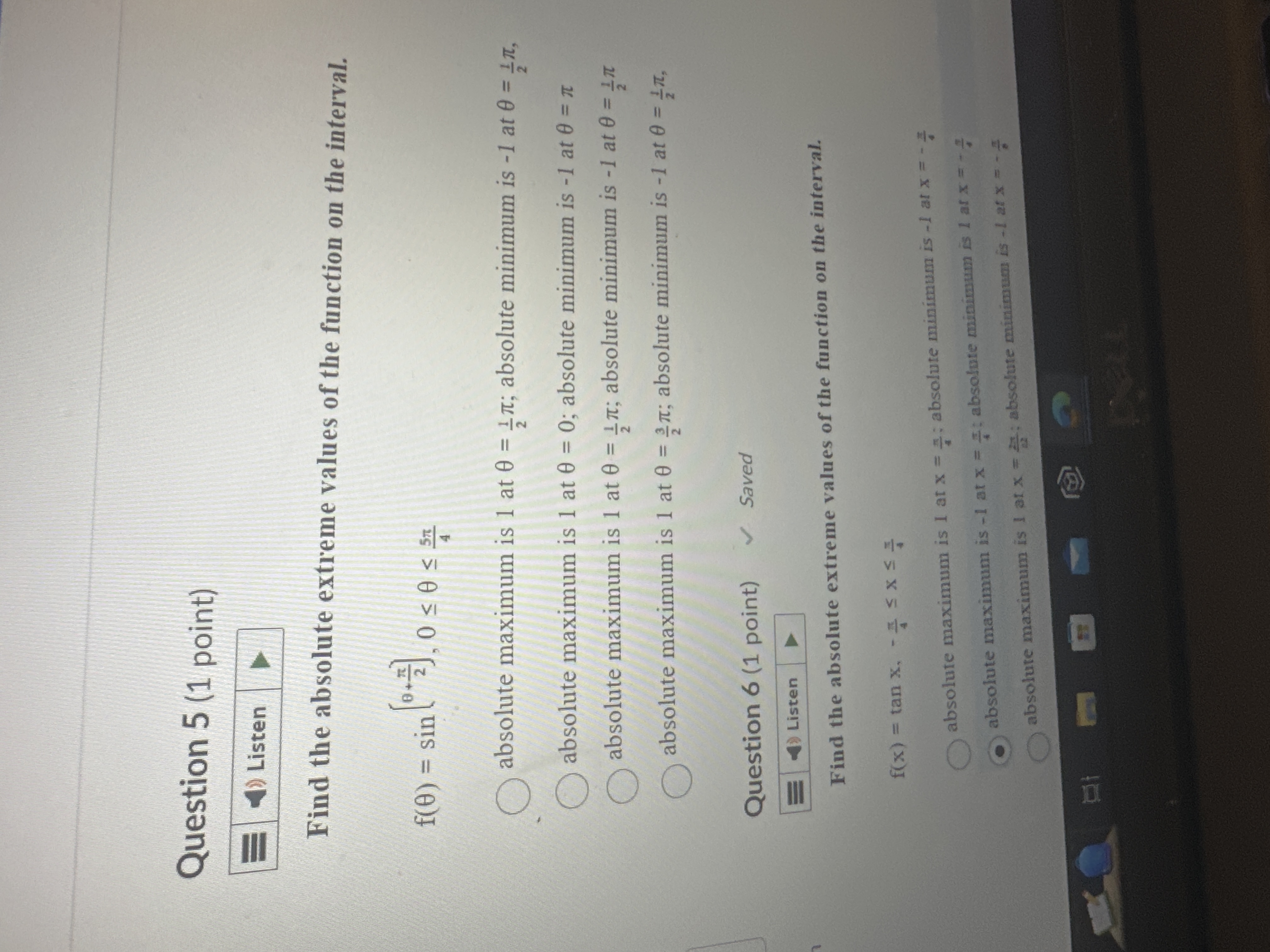 Solved Question 5 (1 ﻿point)Find the absolute extreme values | Chegg.com