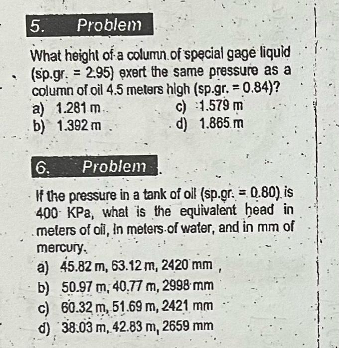 Solved 5. Problem What height of a column of special gage | Chegg.com